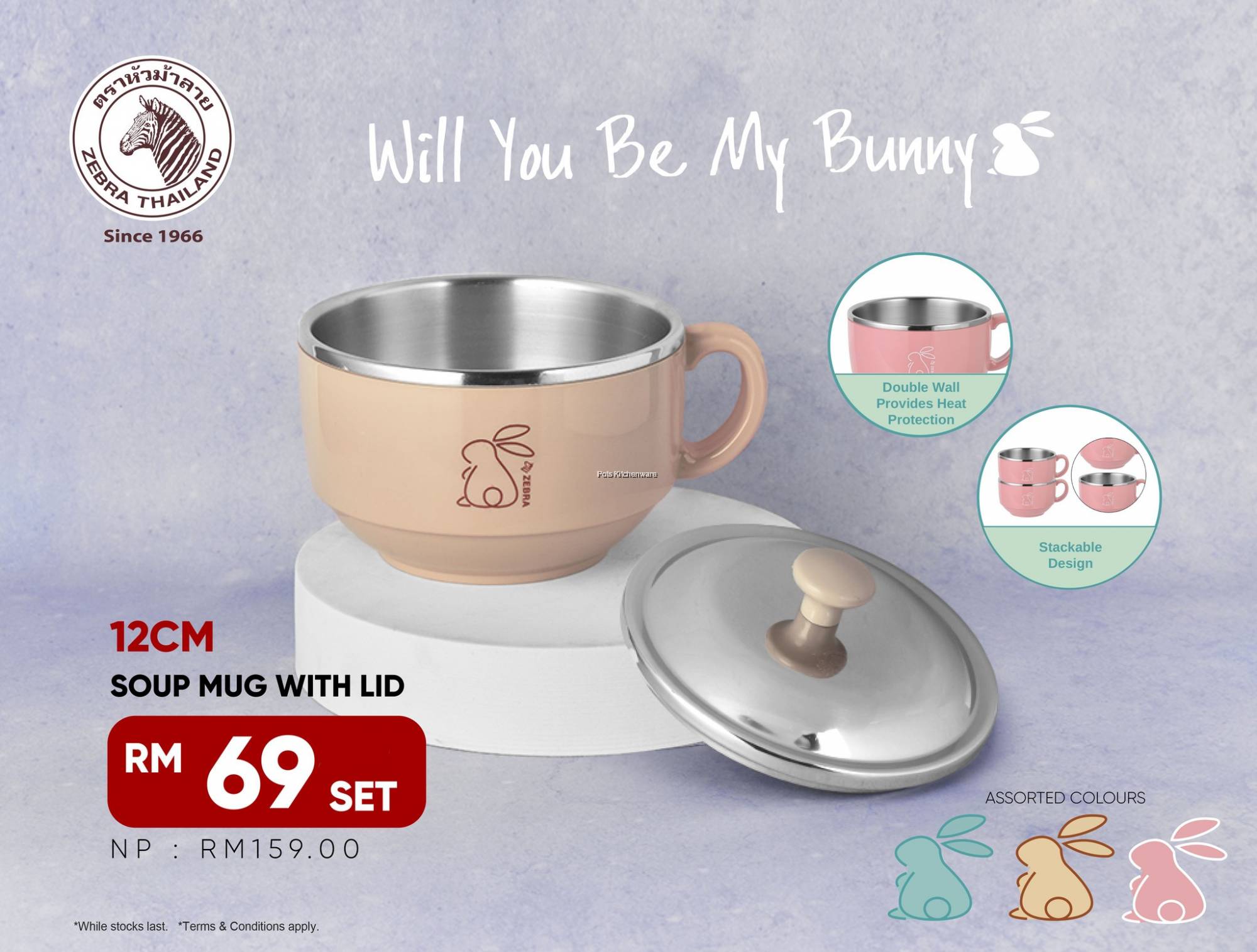 100% Original Zebra 泰国斑马牌 Rabbit Soup Mug Bowl with Lid Mangkuk Cawan ...